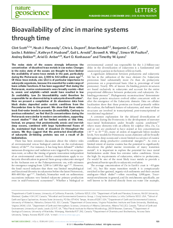 (PDF) Bioavailability of zinc in marine systems through time