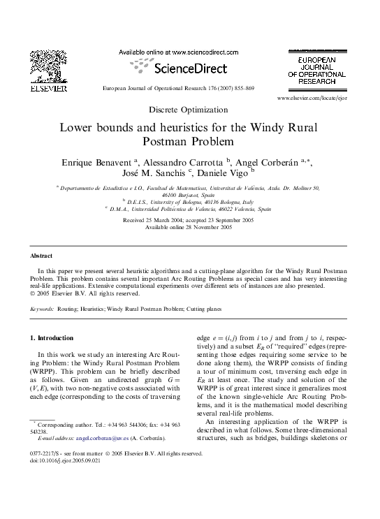 (PDF) Lower bounds and heuristics for the Windy Rural Postman Problem