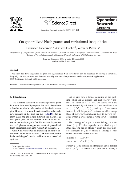 (PDF) On generalized Nash games and variational inequalities