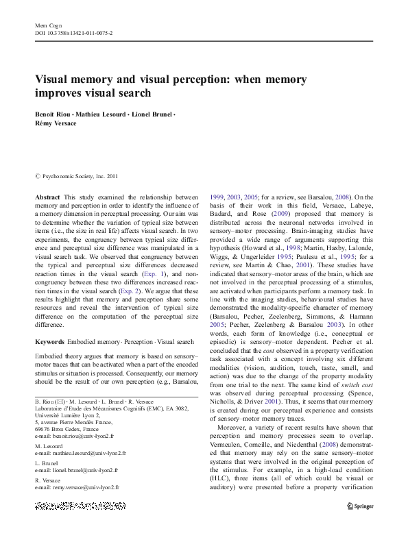 (PDF) Visual memory and visual perception: when memory improves visual ...