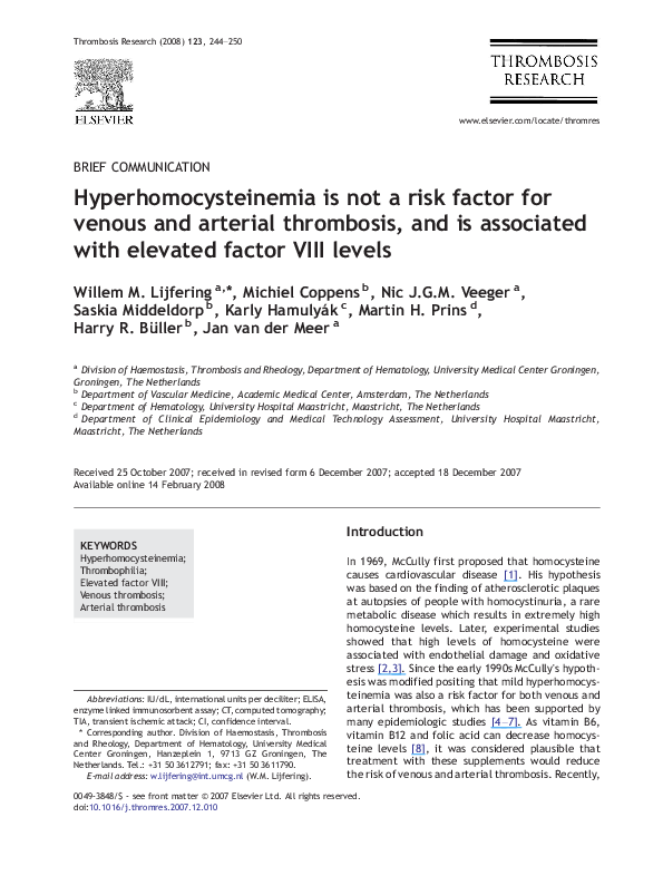 (PDF) Hyperhomocysteinemia is not a risk factor for venous and arterial ...