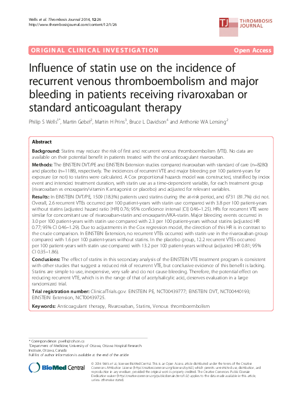 (PDF) Influence of statin use on the incidence of recurrent venous thromboembolism and major ...