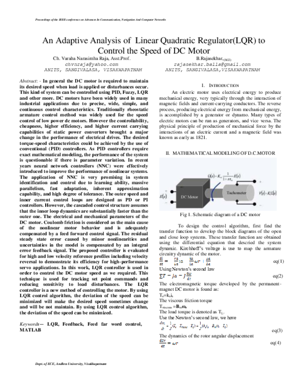 Pdf An Adaptive Analysis Of Linear Quadratic Regulatorlqr To Control The Speed Of Dc Motor