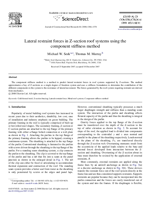 (PDF) Lateral restraint forces in Z-section roof systems using the ...