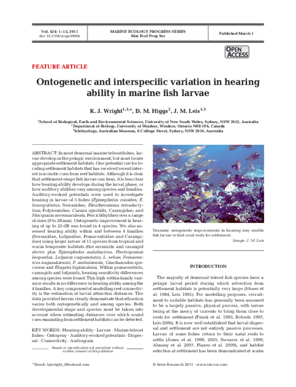 (PDF) Ontogenetic and interspecific variation in hearing ability in marine fish larvae
