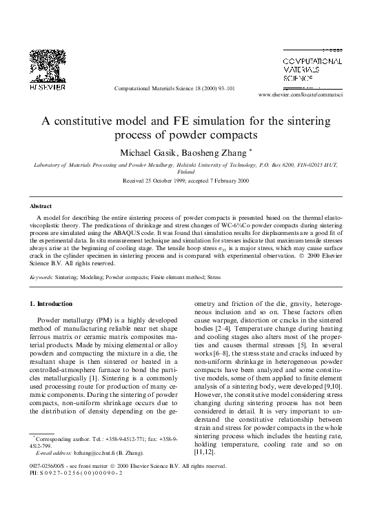 (PDF) A constitutive model and FE simulation for the sintering process of powder compacts