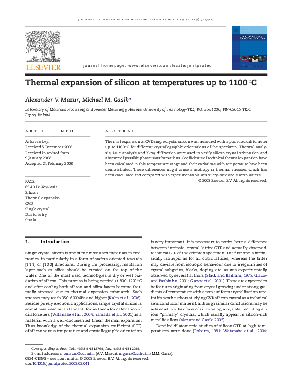 (PDF) Thermal expansion of silicon at temperatures up to 1100°C