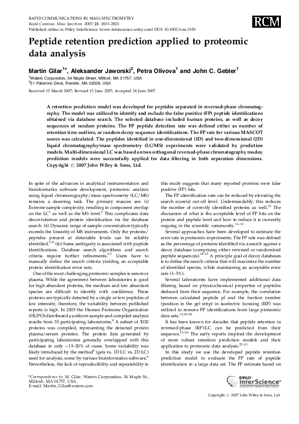 (PDF) Peptide retention prediction applied to proteomic data analysis