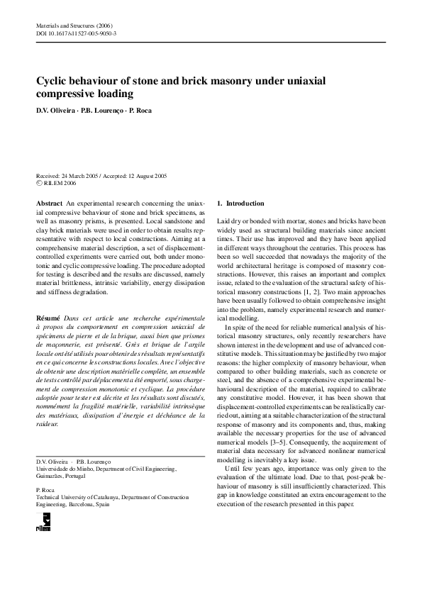 (PDF) Cyclic behaviour of stone and brick masonry under uniaxial ...