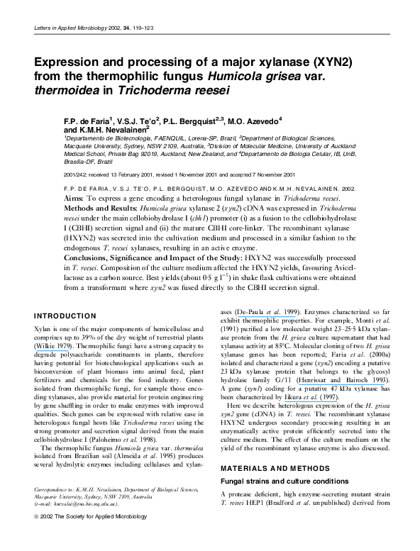 (PDF) Expression and processing of a major xylanase (XYN2) from the thermophilic fungus Humicola ...