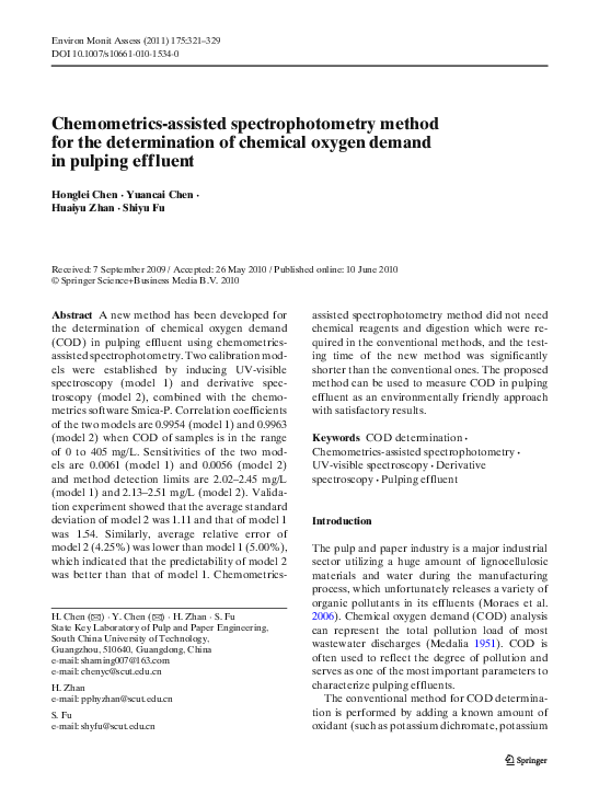Pdf Chemometrics Assisted Spectrophotometry Method For The Determination Of Chemical Oxygen