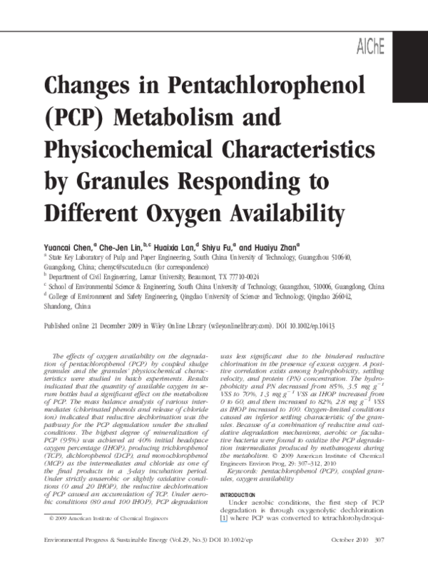 (PDF) Changes in pentachlorophenol (PCP) metabolism and physicochemical characteristics by ...