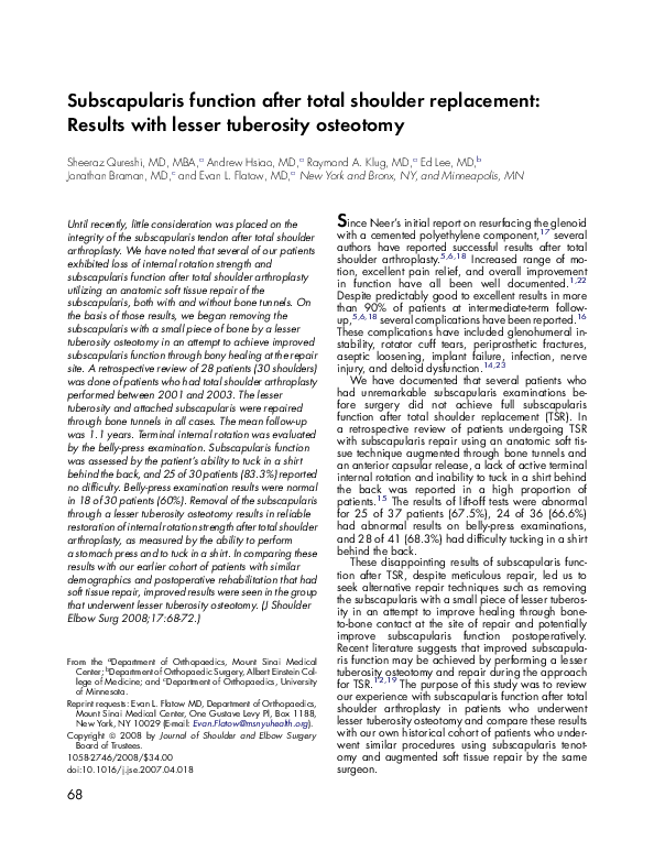 (PDF) Subscapularis function after total shoulder replacement: Results ...