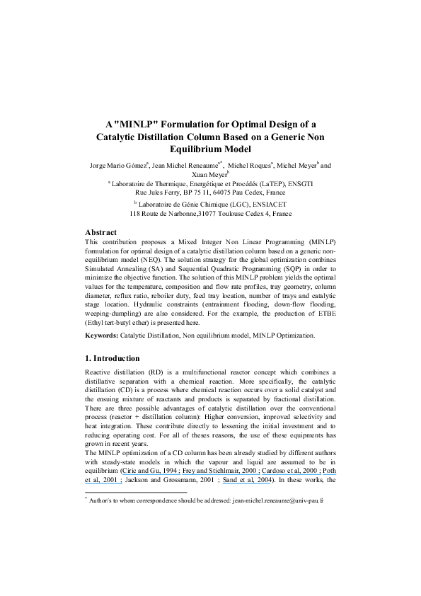(PDF) A “MINLP” formulation for optimal design of a catalytic distillation column based on a ...