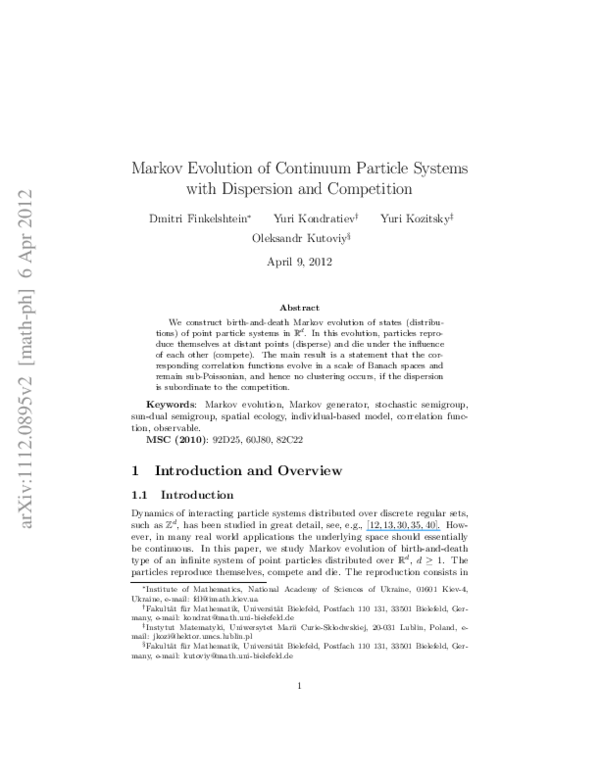 Pdf Markov Evolution Of Continuum Particle Systems With Dispersion