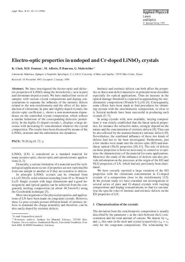 (PDF) Electro-optic properties in undoped and Cr-doped LiNbO 3 crystals