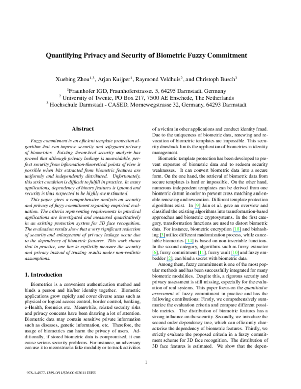 Pdf Quantifying Privacy And Security Of Biometric Fuzzy Commitment