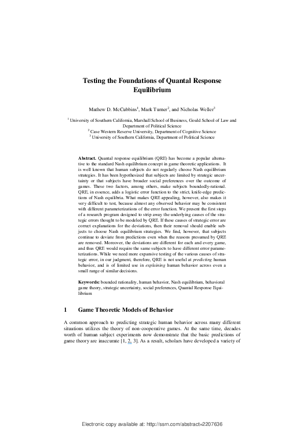 (PDF) Testing the foundations of quantal response equilibrium