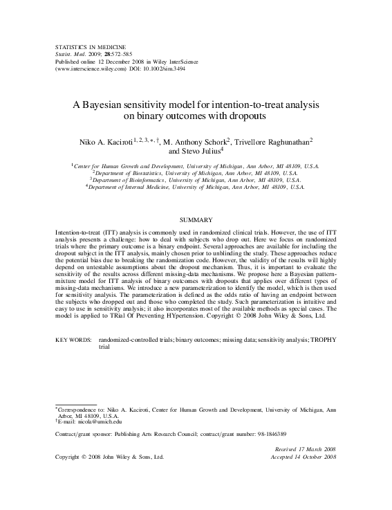 (PDF) A Bayesian sensitivity model for intention-to-treat analysis on binary outcomes with dropouts
