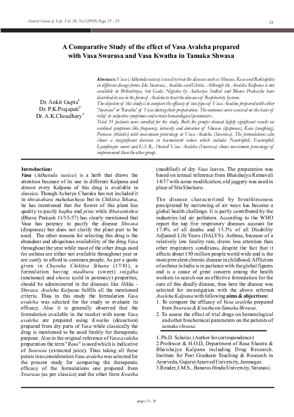 (PDF) A Comparative Study of the effect of Vasa Avaleha prepared with ...