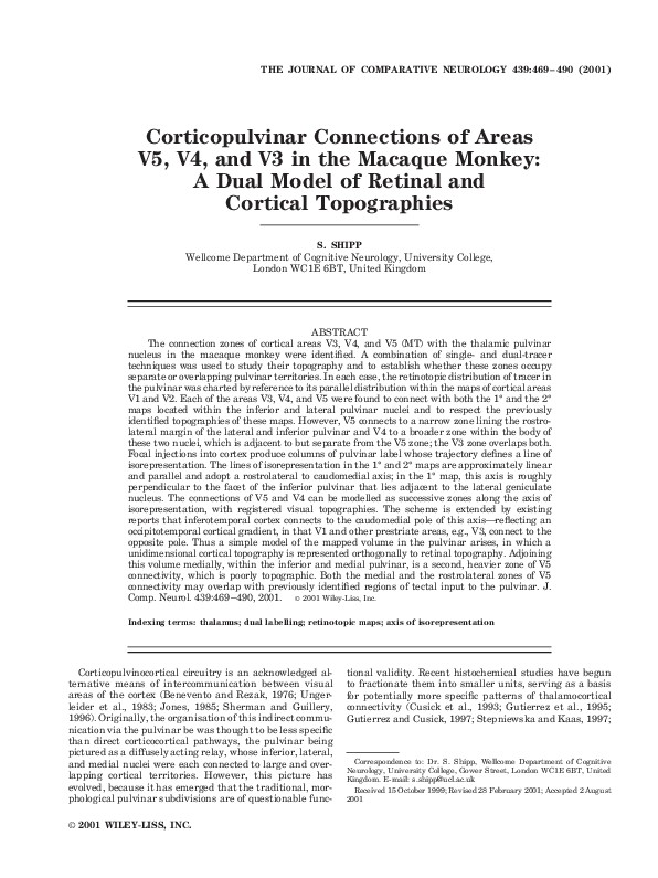 (PDF) Corticopulvinar connections of areas V5, V4, and V3 in the macaque monkey: A dual model of ...
