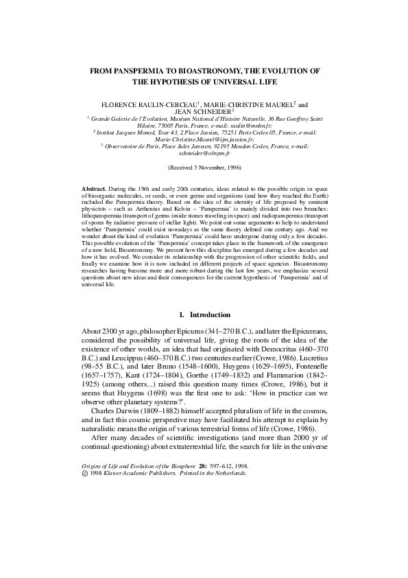 (PDF) From Panspermia to Bioastronomy, the evolution of the hypothesis ...