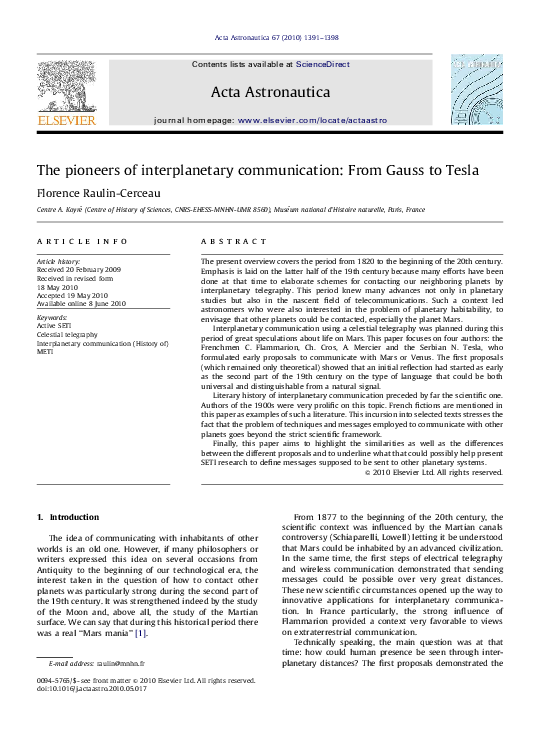 (PDF) The pioneers of interplanetary communication: From Gauss to Tesla
