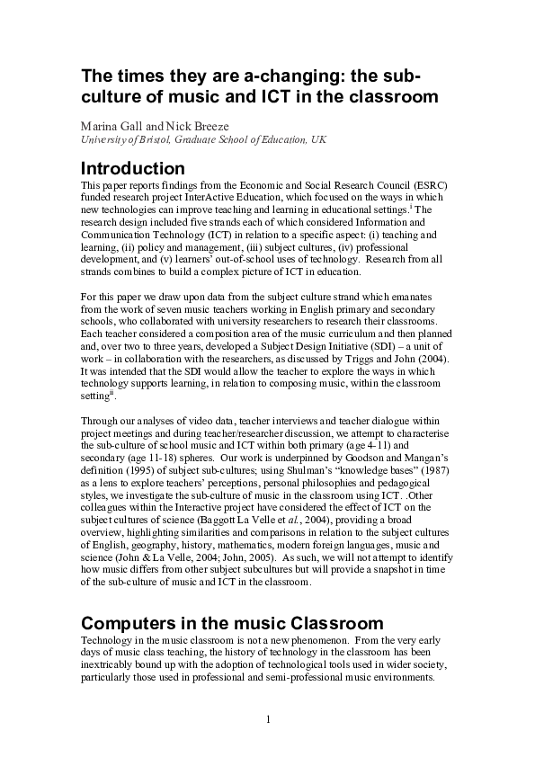 (PDF) The times they are a-changing: the subculture of music and ICT in the classroom