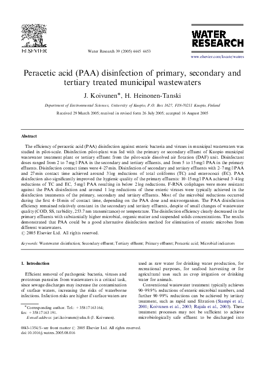 (PDF) Peracetic acid (PAA) disinfection of primary, secondary and ...