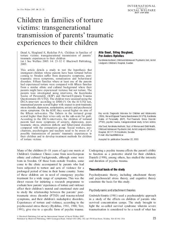 (PDF) Children in families of torture victims: transgenerational ...