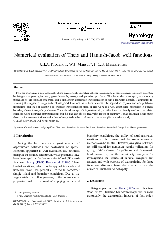 (PDF) Numerical evaluation of Theis and Hantush-Jacob well functions