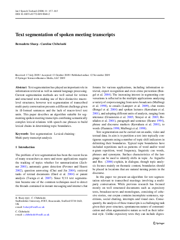 Pdf Text Segmentation Of Spoken Meeting Transcripts Bernadette Sharp