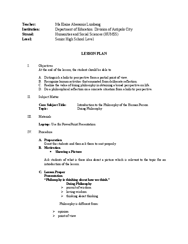 (DOC) LESSON PLAN IN DOING PHILOSOPHY