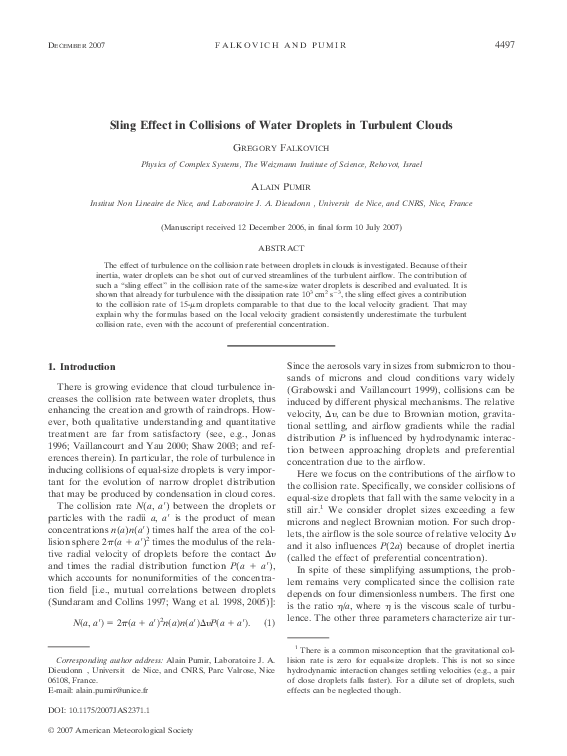 (PDF) Sling Effect in Collisions of Water Droplets in Turbulent Clouds