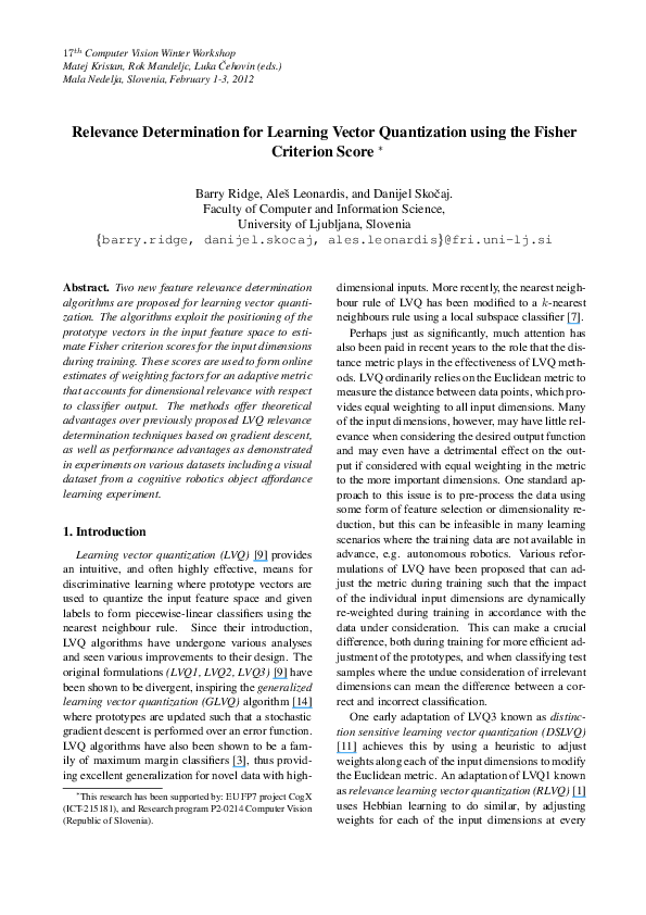 (PDF) Relevance Determination for Learning Vector Quantization using the Fisher Criterion Score
