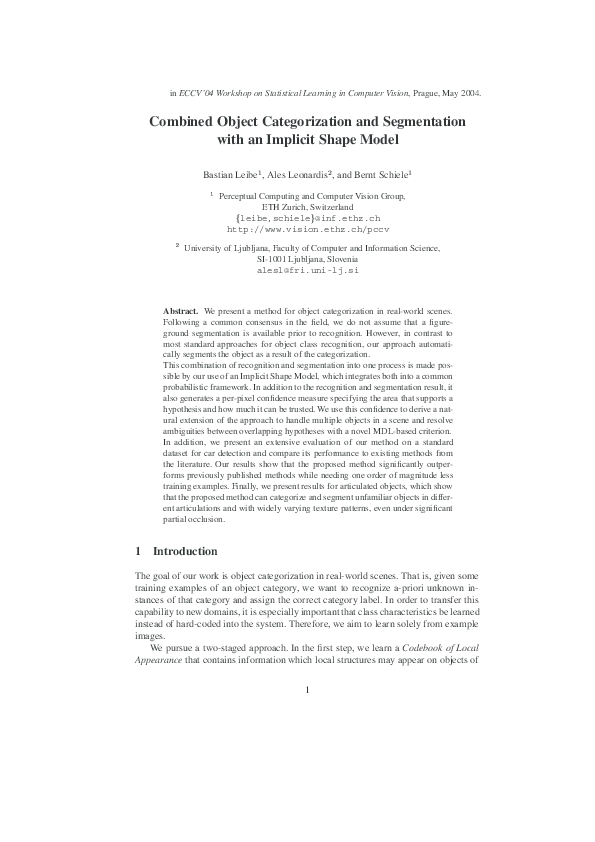 Combined Object Categorization And Segmentation With An Implicit Shape Model