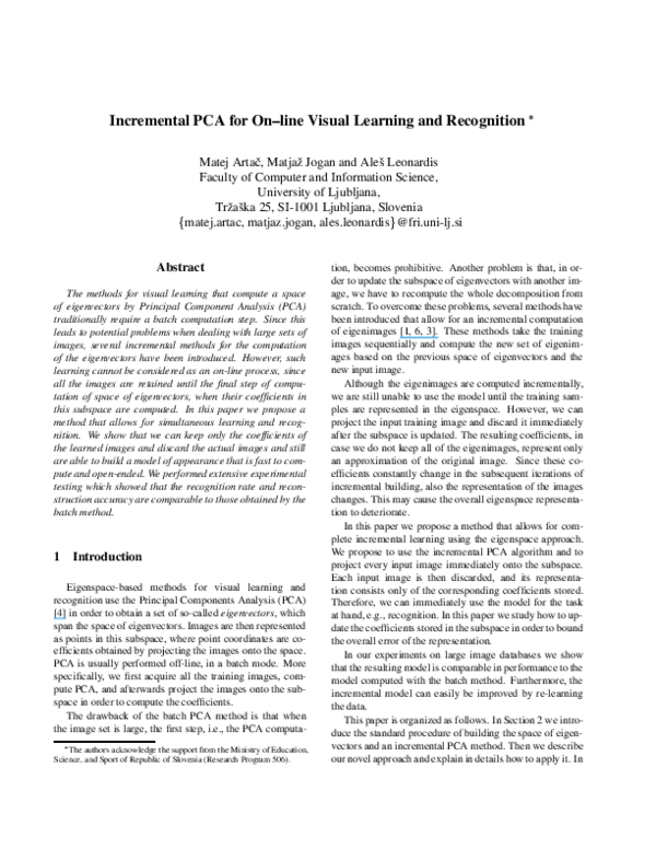 Pdf Incremental Pca For On Line Visual Learning And Recognition
