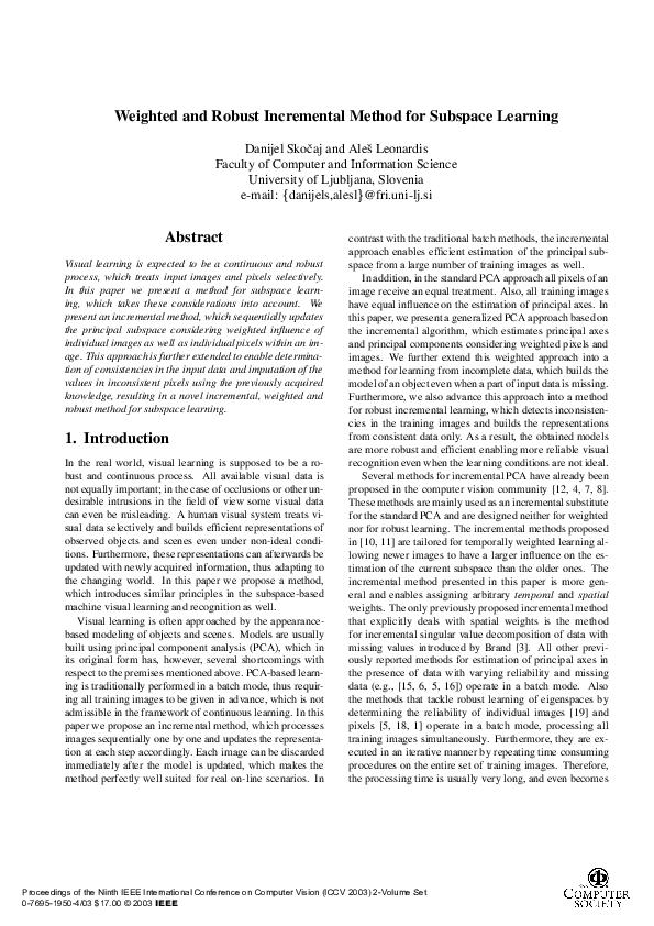 Pdf Weighted And Robust Incremental Method For Subspace Learning