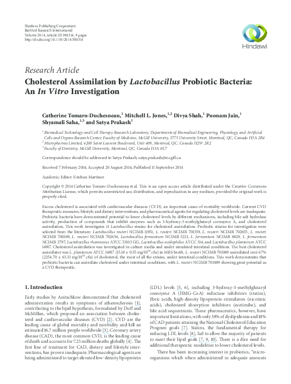 (PDF) Cholesterol Assimilation by Lactobacillus Probiotic Bacteria: An In Vitro Investigation