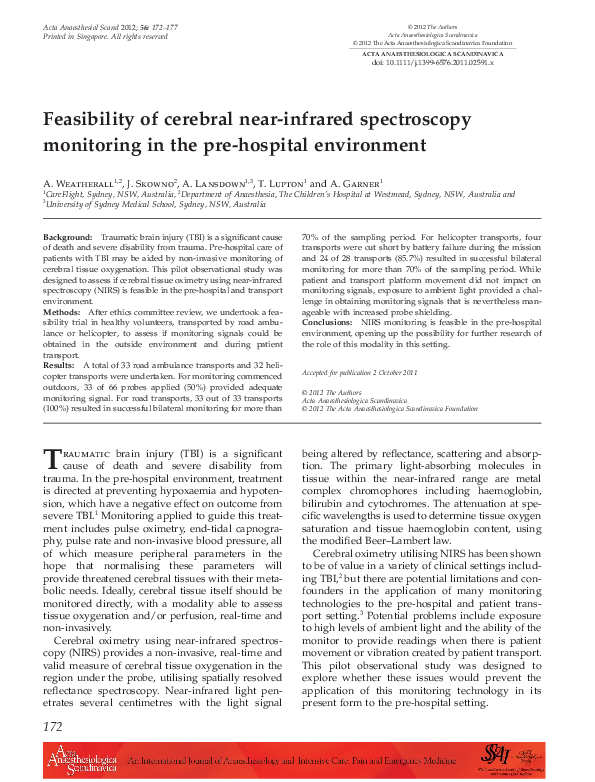 (PDF) Feasibility of cerebral near-infrared spectroscopy monitoring in ...