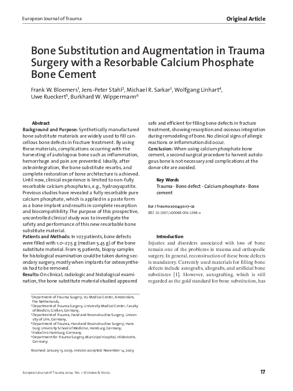 (PDF) Bone Substitution and Augmentation in Trauma Surgery with a Resorbable Calcium Phosphate ...