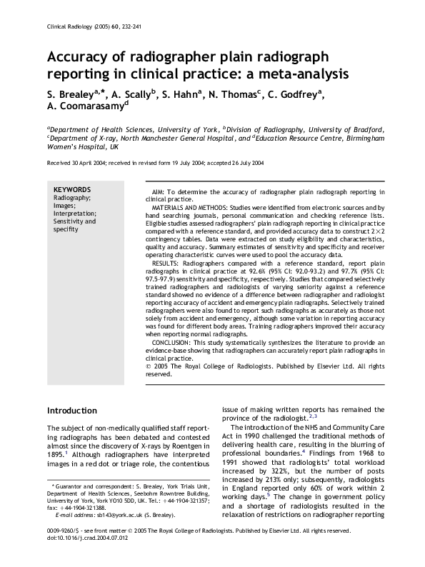 (PDF) Accuracy of radiographer plain radiograph reporting in clinical ...