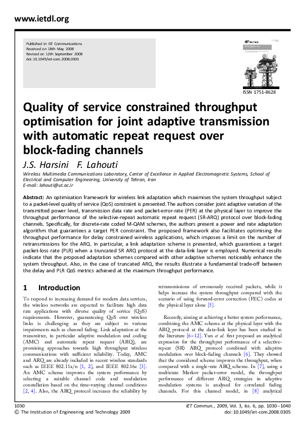 Pdf Quality Of Service Constrained Throughput Optimisation For Joint Adaptive Transmission