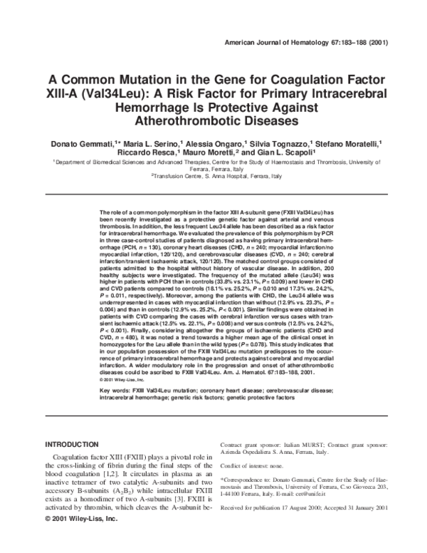 (PDF) A common mutation in the gene for coagulation factor XIII-A ...