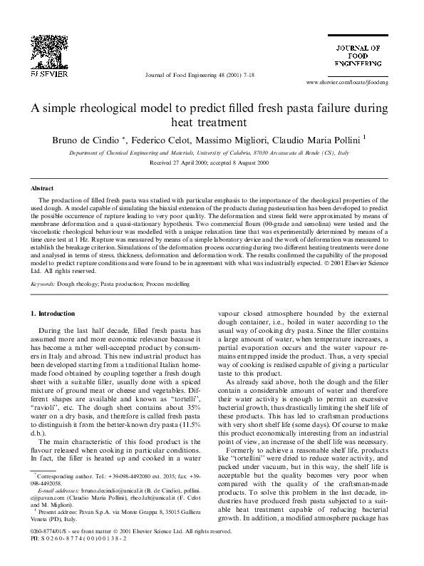 (PDF) A simple rheological model to predict filled fresh pasta failure ...