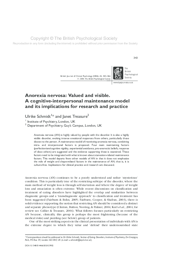 (PDF) Anorexia nervosa: Valued and visible. A cognitive-interpersonal ...