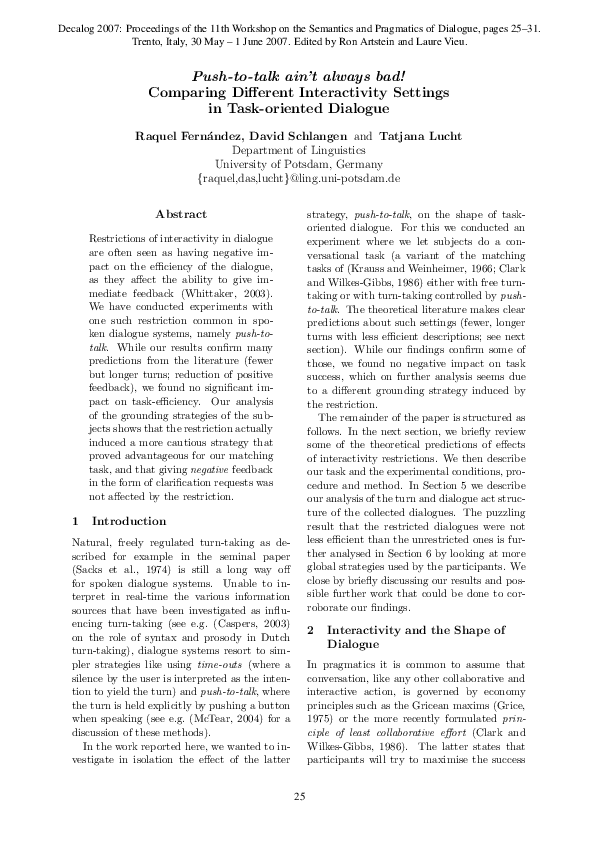 (PDF) Comparing Dierent Interactivity Settings in Task-oriented Dialogue