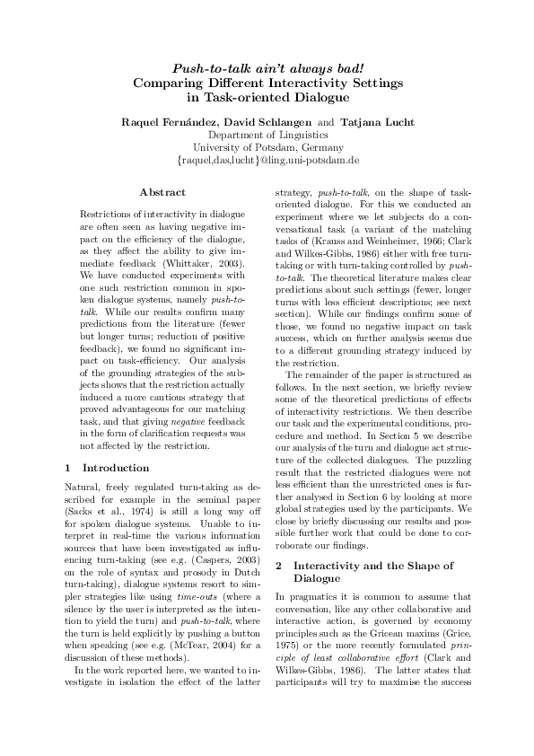 (PDF) Push-to-talk ain't always bad! comparing different interactivity settings in task-oriented ...