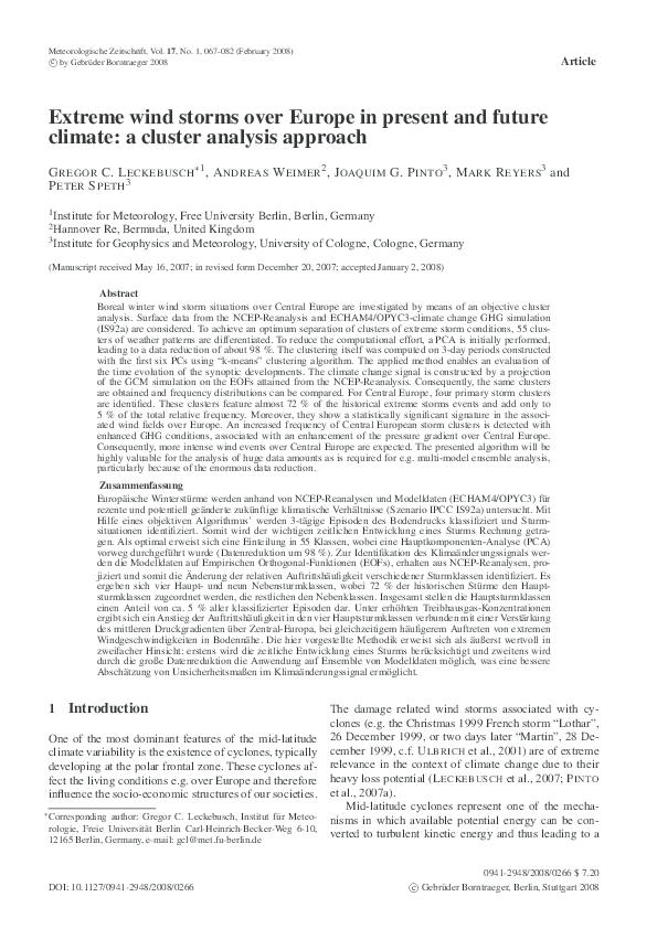 (PDF) Extreme wind storms over Europe in present and future climate: a ...