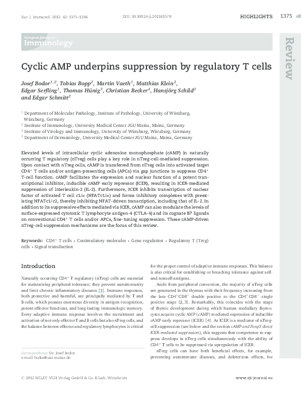 (PDF) Cyclic AMP underpins suppression by regulatory T cells | Josef ...